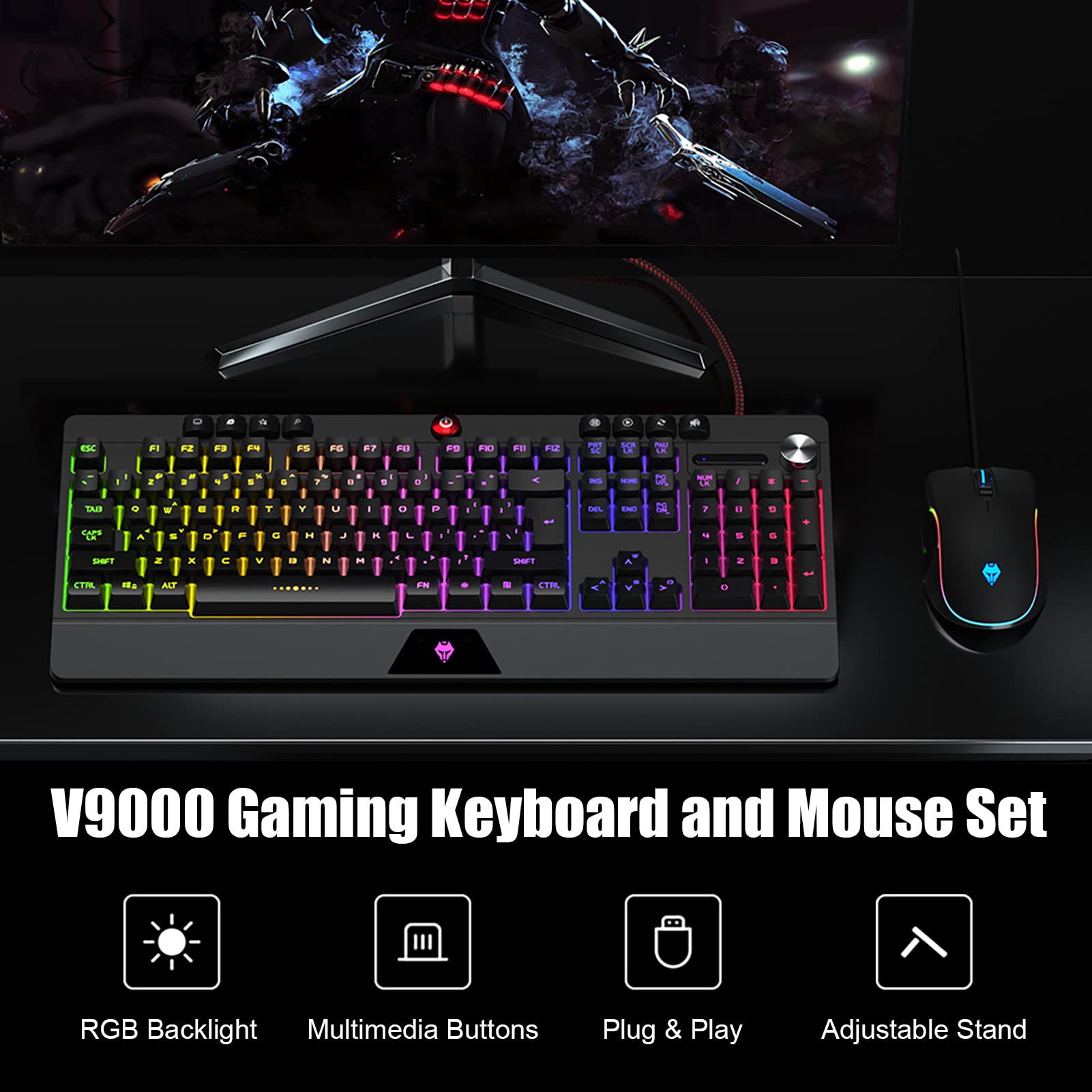 USB Wired Gaming Keyboard Mouse Set, 104 Keys, 10 RGB Backlit Modes, 19 Keys Anti-Ghost Keyboard, 1200-7200 DPI Mouse (White)