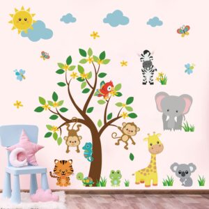 Supzone Jungle Animal Wall Stickers Monkey Tree Wall Decals Elephant Giraffe Tiger Wall Sticker for Kids Girls Boy Baby Nursery Playroom Bedroom Living Room Kindergarten Wall Decor