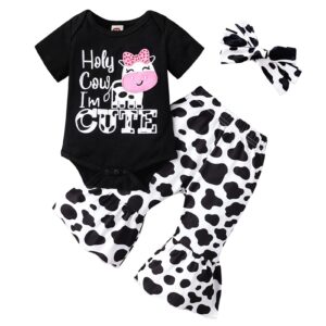 grnshts newborn girl clothes baby cow letter print romper+flared long pants+headband 3pcs cute summer fall outfits (black a, 0-3 months)