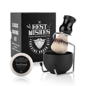 aethland shaving brush set for men, 4 in 1 include 100g shaving soap, badger shaving brush and stainless steel shaving stand & shaving bowl for husband father birthday boyfriend gifts（b black)