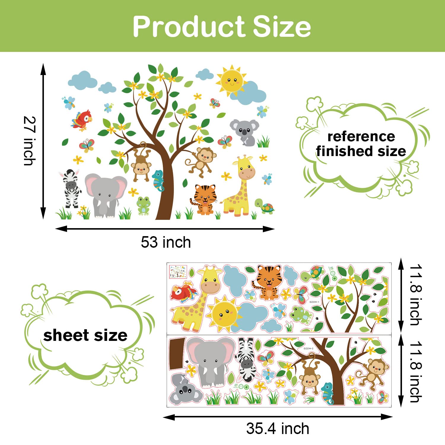 Supzone Jungle Animal Wall Stickers Monkey Tree Wall Decals Elephant Giraffe Tiger Wall Sticker for Kids Girls Boy Baby Nursery Playroom Bedroom Living Room Kindergarten Wall Decor