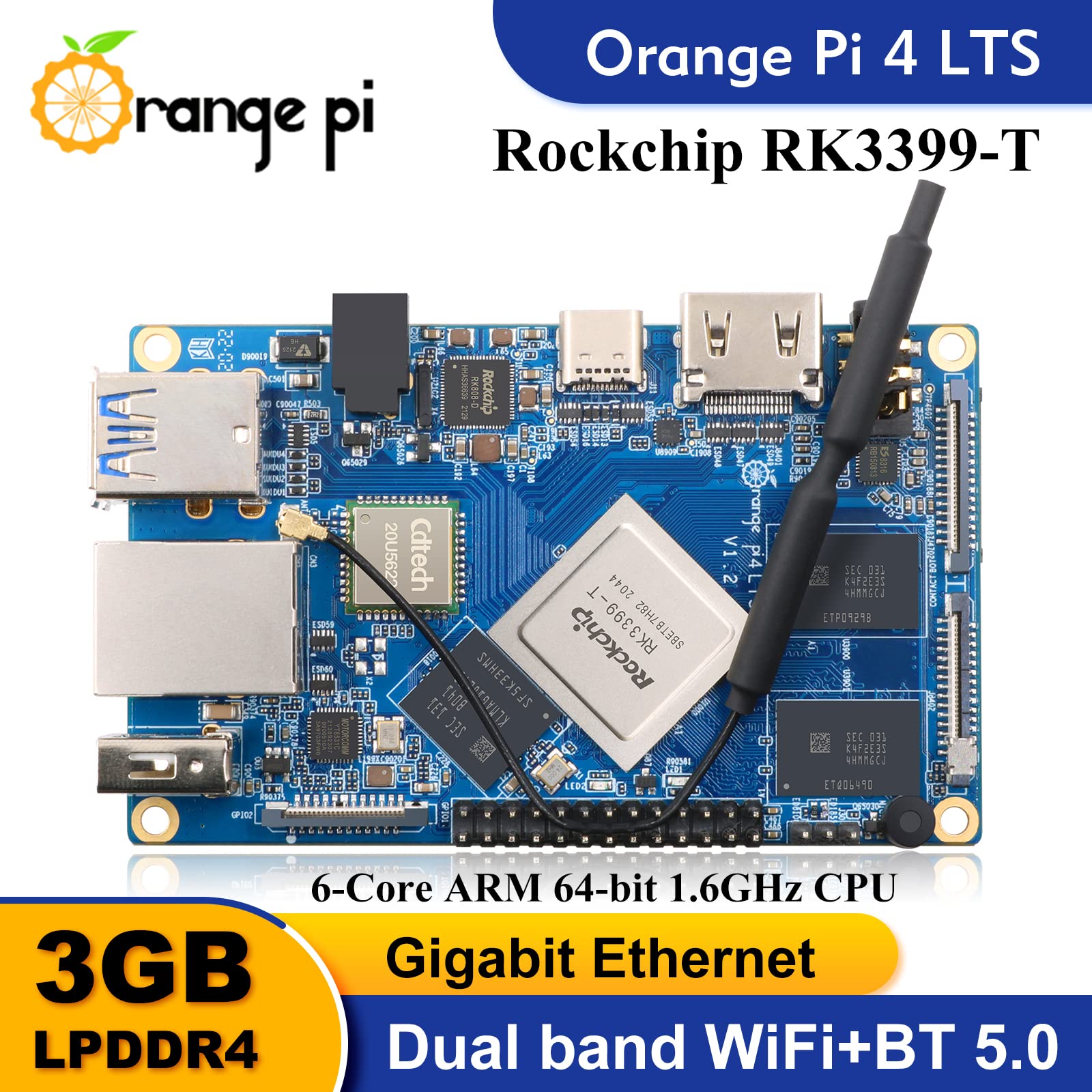 Orange Pi 4 LTS 3GB LPDDR4 Rockchip RK3399 Six Core ARMR 64 Bit with 16GB EMMC, Single Board Computer Run Android, Ubuntu, Debian OS (Pi 4 LTS 3GB +16GB EMMC)