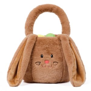 ourhonor easter basket plush, bunny easter basket for kids, plush easter buckets with long ear easter bags for boys girls, easter tote bags for decorations gifts storage (brown)