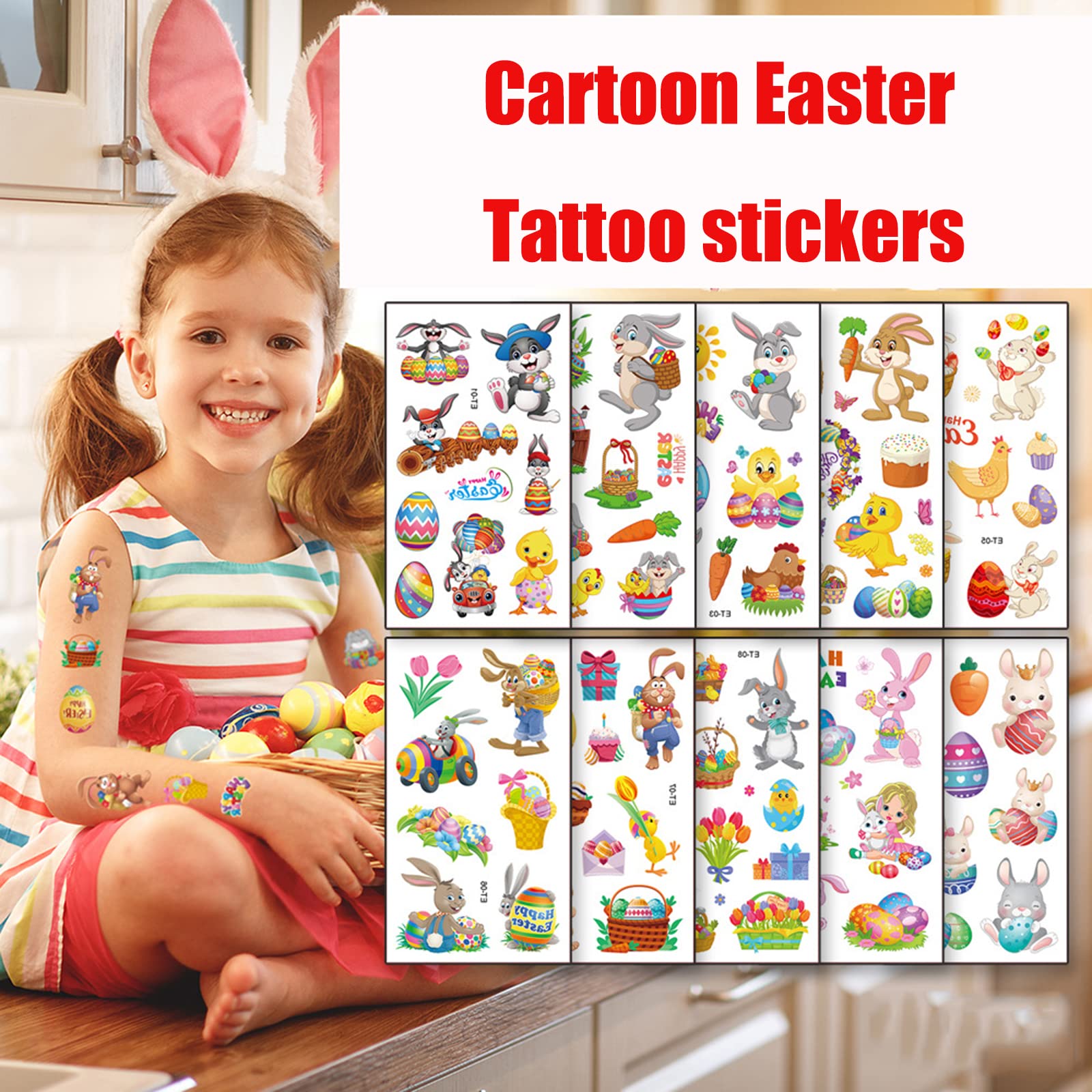 Easter Tattoos Stickers for Kids (231pcs) for Hand Body Face Temporary Tattoo Easter Bunny Decorations, Easter Basket, Easter Eggs Activity (Easter Bunny Eggs Decorations)