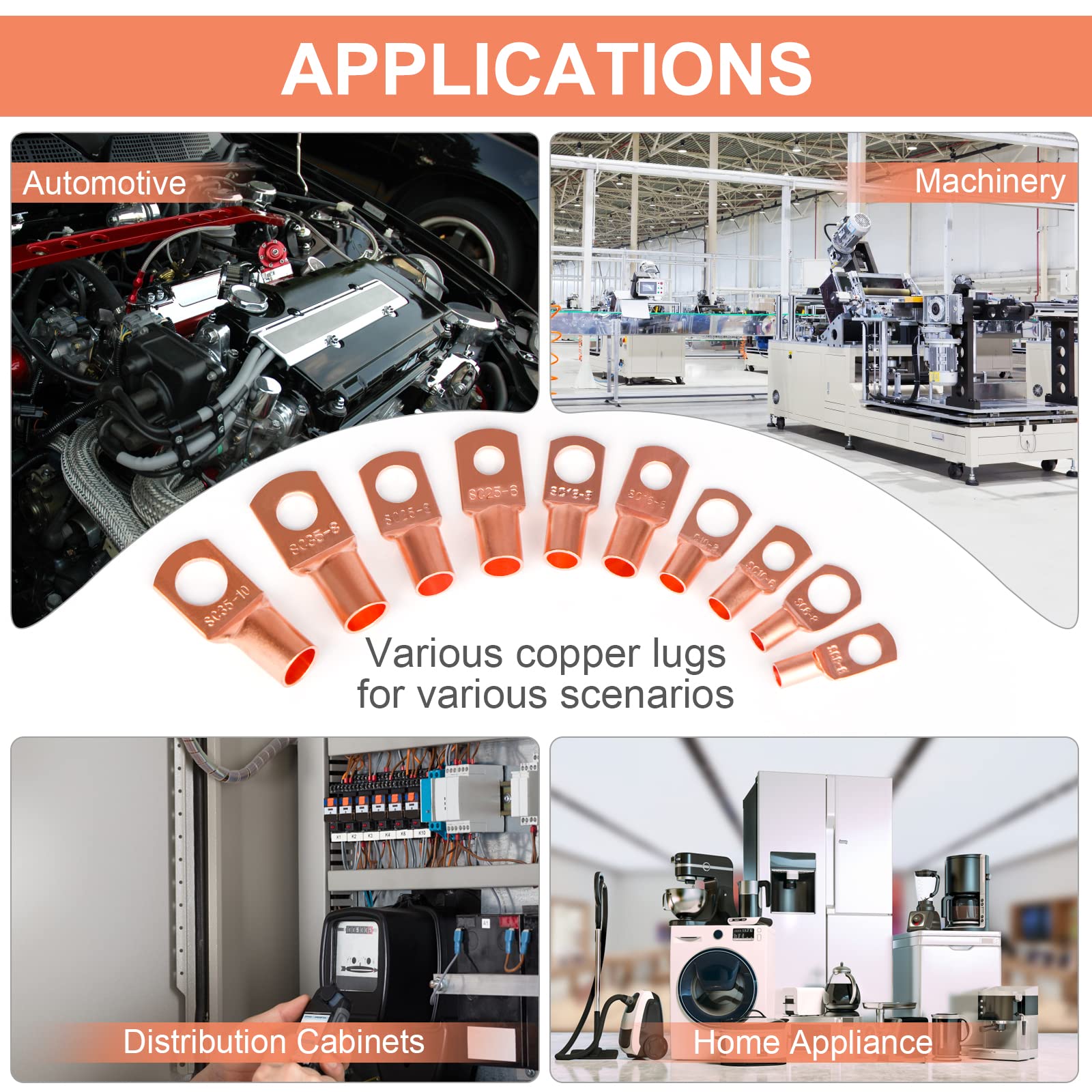 Copper Wire Lugs,Terminal Connectors,Used on AWG12 10 8 6 4 2 Cable,Heat Shrink Set,Bare Copper Eyelets,Ring Terminals Connectors,64Pcs Battery Cable Lugs Ends and 66Pcs Heat Shrink Tubing (130PCS)