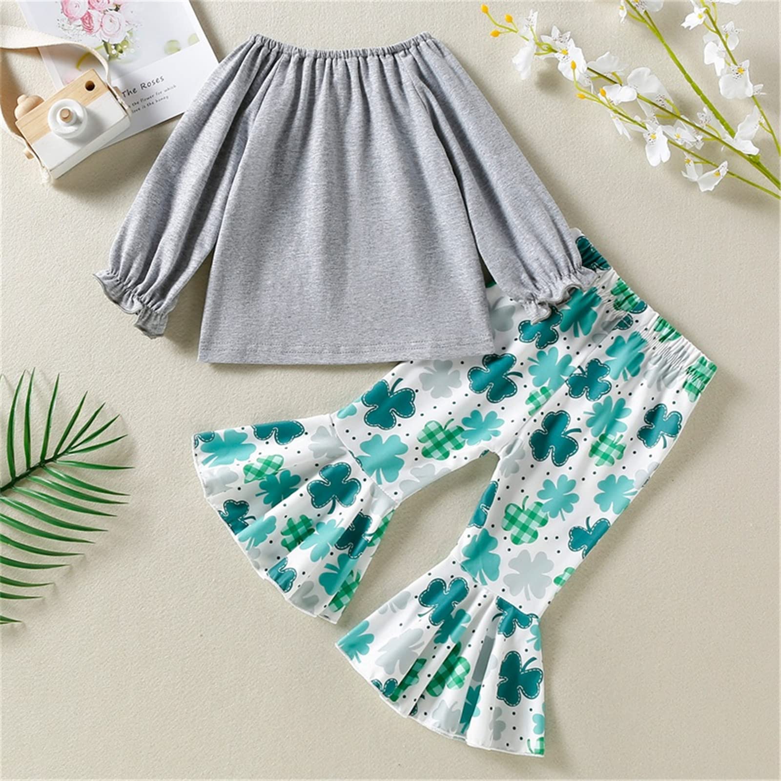 BBand Toddler Baby Girl St Patrick's Day Clothes Little Kids Off Shoulder Shirts Tops Flared Pants Summer Outfits (Clover Green, 18-24 M