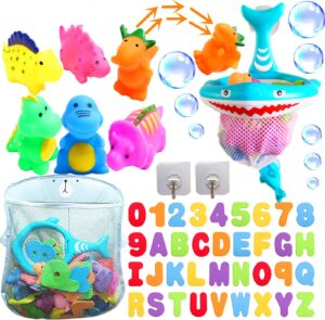 baby bath toys,bath toys,bath toy storage,bath toys for toddlers 1-3,bath toy baby bath set，letters & numbers, bath toy organizer dinausors toys , water spray bath set with fishing net(44)