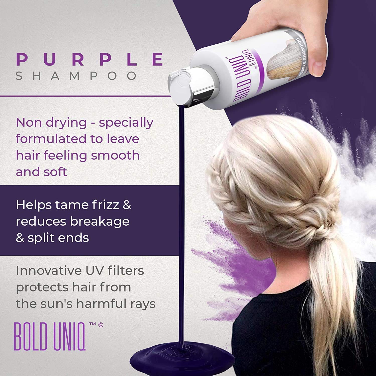 Bold Uniq Purple Shampoo, Moisturizing Shampoo & Conditioner Bundle. Alternate to Eliminate Yellow Tones & add Moisture & Shine. Vegan & Cruelty Free..