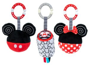 kids preferred disney baby mikcey mouse and minnie mouse 3 pack hanging toys, black and white high crinkle plush, boys and girls ages 0+, stroller on the go clip, teether, chime toy (81261)