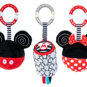 KIDS PREFERRED Disney Baby Mikcey Mouse and Minnie Mouse 3 Pack Hanging Toys, Black and White High Crinkle Plush, Boys and Girls Ages 0+, Stroller On The Go Clip, Teether, Chime Toy (81261)