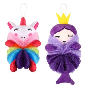 2 pcs bath loofahs kids toddler body loofahs cute cartoon kids loofah kid bath sponges loofah bath pouf body scrubber mesh loofah sponges for children shower washing exfoliating (unicorn, princess)