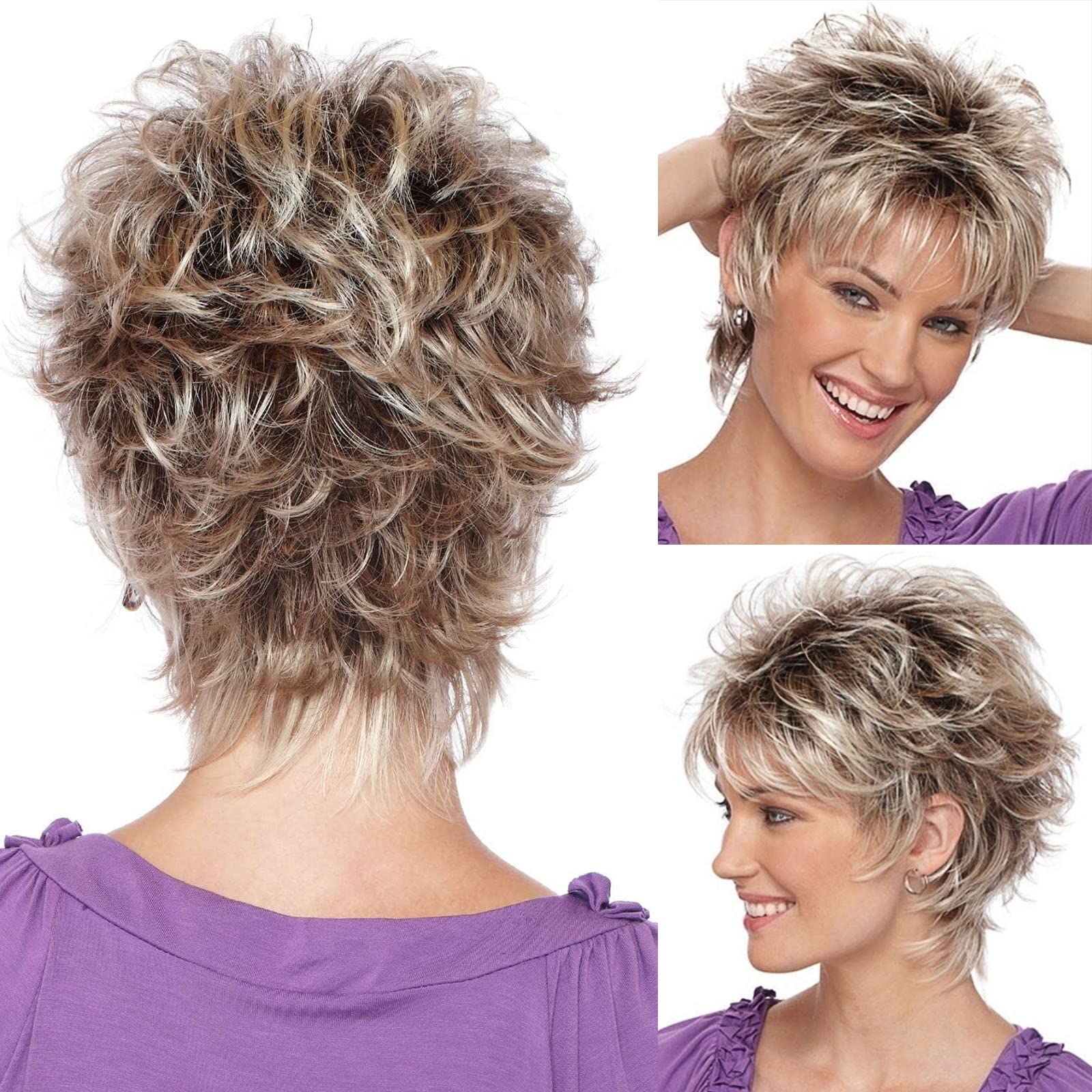 LEOSA Short Blonde Pixie Cut Wigs with Bangs for White Women,Brown Ombre Blonde Wig Synthetic Wavy Curly Hair Wigs Mixed Brown Wigs Layered Natural Fluffy Heat Resistant