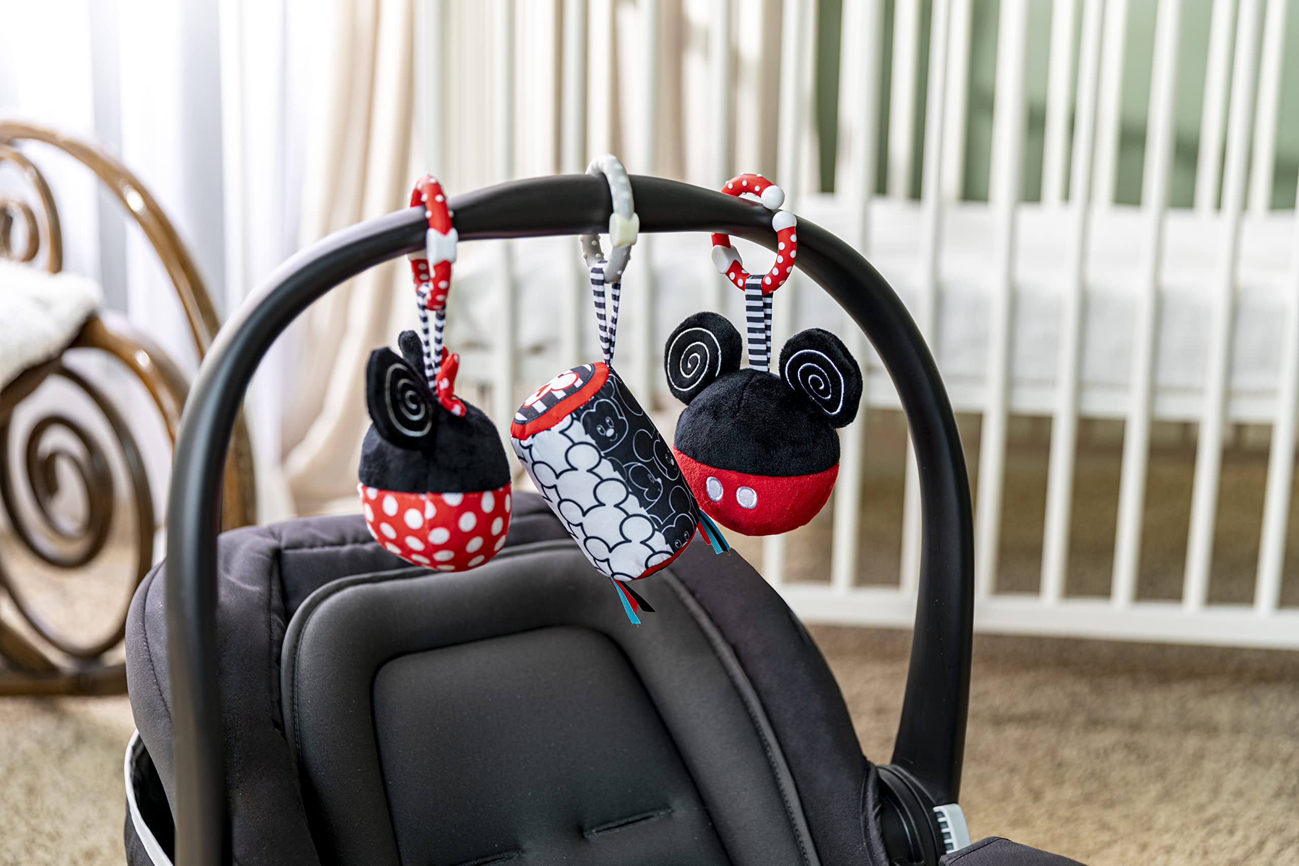 KIDS PREFERRED Disney Baby Mikcey Mouse and Minnie Mouse 3 Pack Hanging Toys, Black and White High Crinkle Plush, Boys and Girls Ages 0+, Stroller On The Go Clip, Teether, Chime Toy (81261)