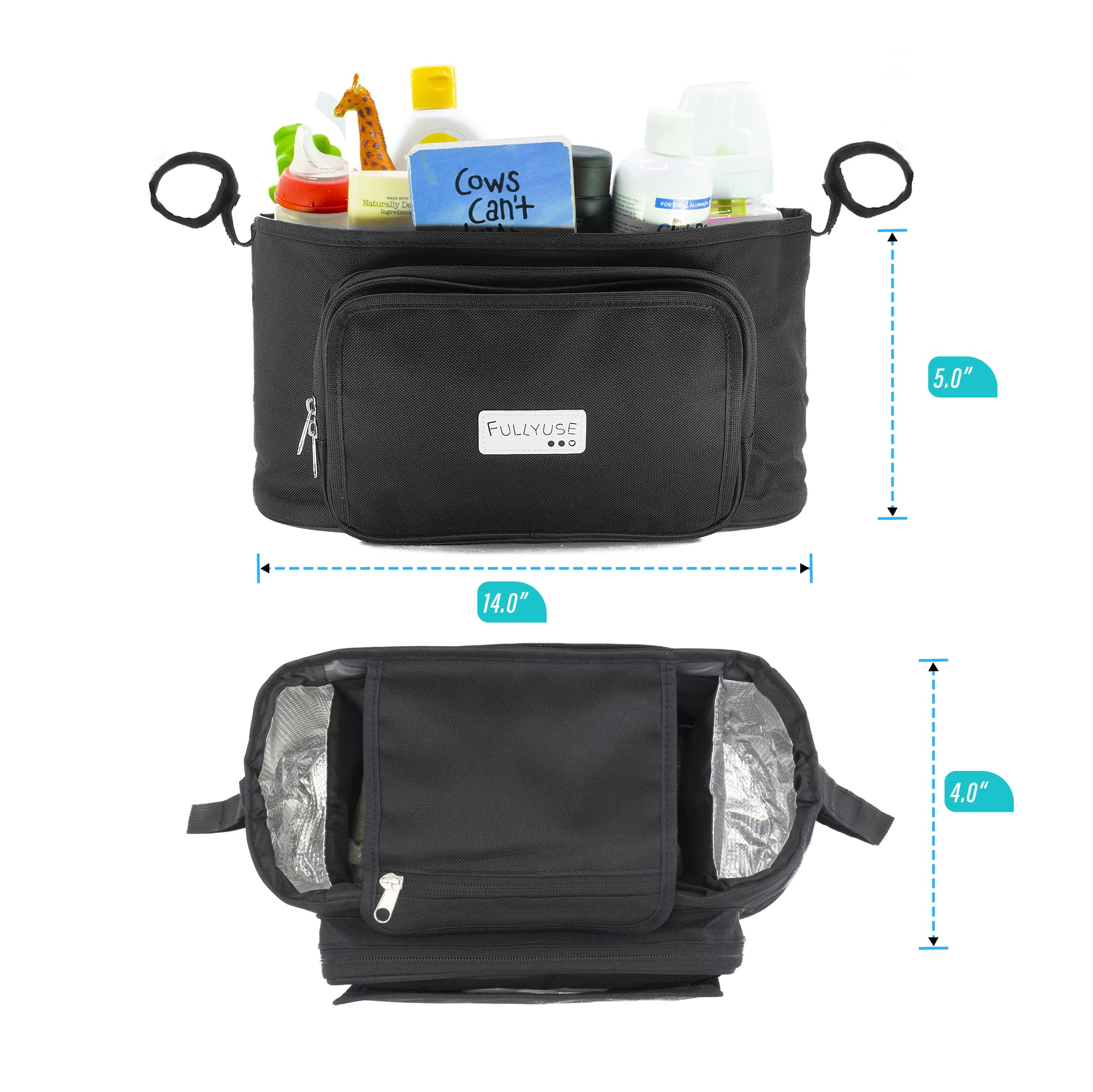 Fullyuse 2 in 1 Stroller Organizer with Wipes Warmer, 2 insulated cup holder, adjustable Non-slip strap, Trash pocket, Magnetic seals, Large capacity for baby essential, durable Waterproof Material