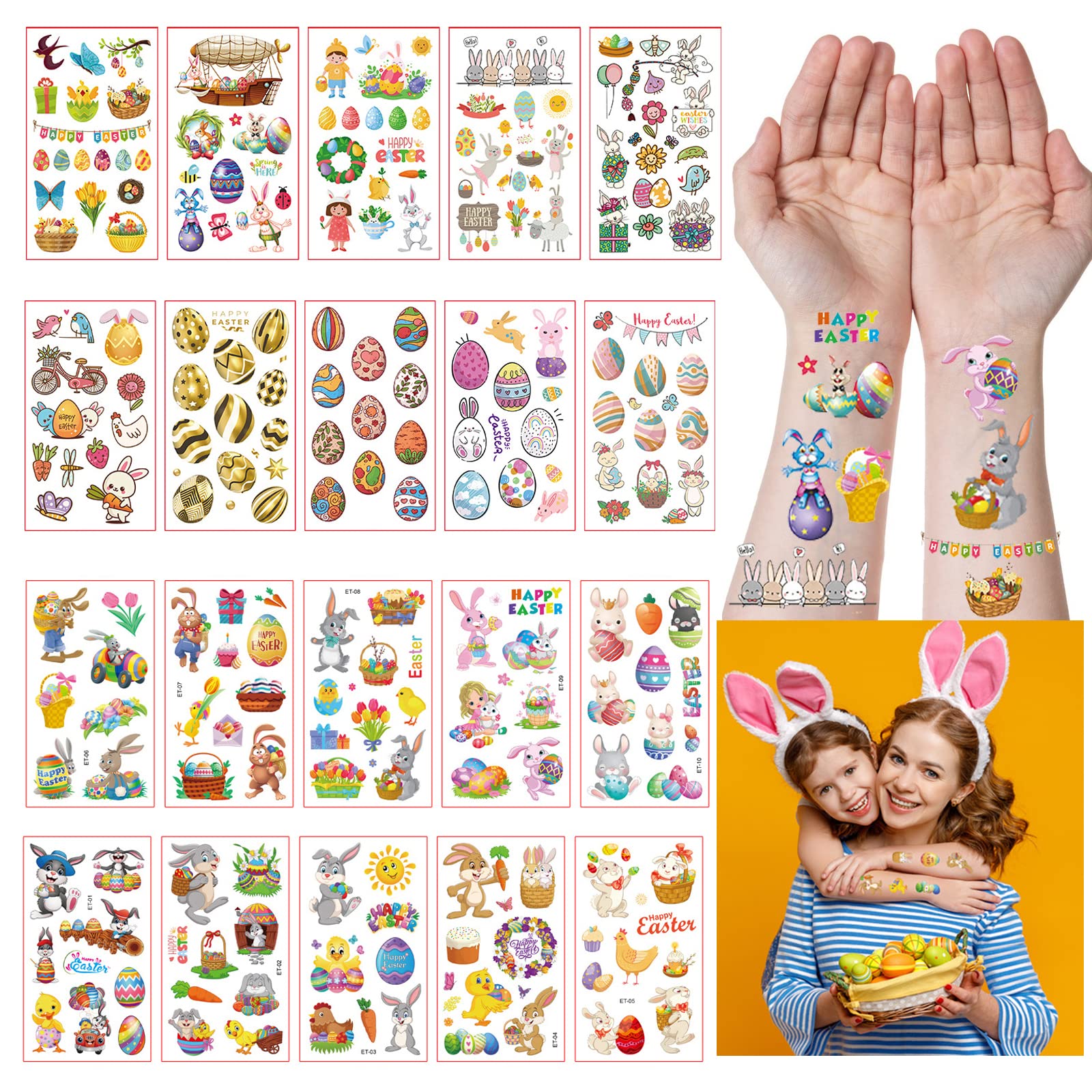 Easter Tattoos Stickers for Kids (231pcs) for Hand Body Face Temporary Tattoo Easter Bunny Decorations, Easter Basket, Easter Eggs Activity (Easter Bunny Eggs Decorations)