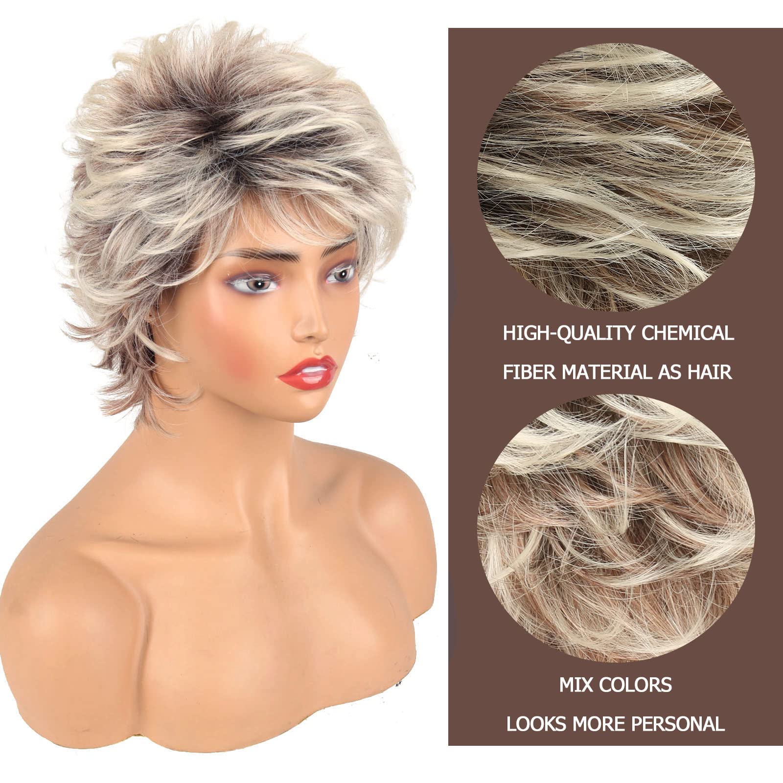 LEOSA Short Blonde Pixie Cut Wigs with Bangs for White Women,Brown Ombre Blonde Wig Synthetic Wavy Curly Hair Wigs Mixed Brown Wigs Layered Natural Fluffy Heat Resistant