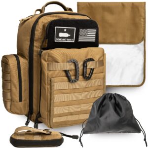 tan dad diaper bag - molle-style military diaper backpack made of rugged 900d waterproof polyester with wider extra-long straps, pouch for dirty diapers, baby wipes dispenser & insulated pockets