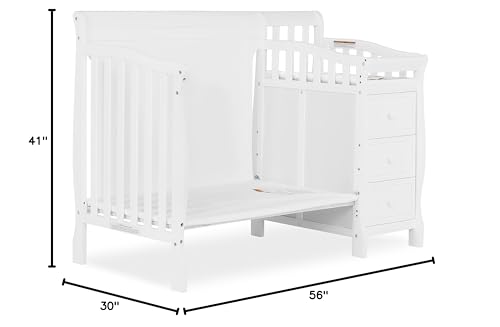 Dream On Me Jayden 4-in-1 Full Panel Mini Convertible Crib and Changer in White, Non-Toxic Finish, Made of Solid Pinewood, 3-Position Mattress Support System, Comes with 1'' Changing Pad