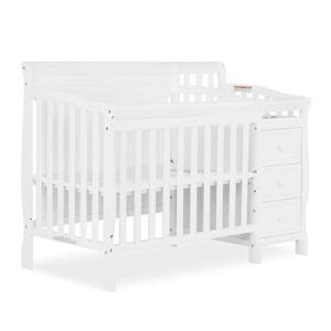 dream on me jayden 4-in-1 full panel mini convertible crib and changer in white, non-toxic finish, made of solid pinewood, 3-position mattress support system, comes with 1'' changing pad