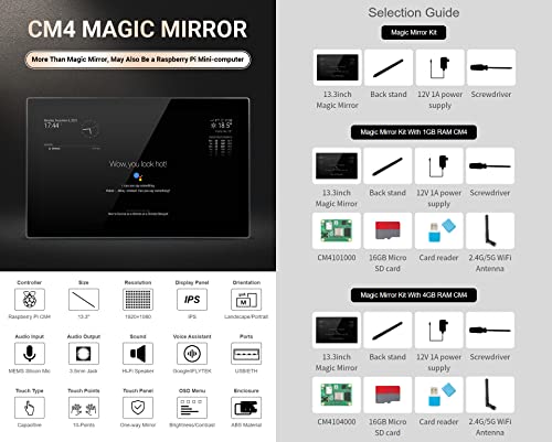 Waveshare 13.3inch Magic Mirror Mini-Computer Powered by Raspberry Pi CM4 13.3inch HD Touch Screen with USB/ETH Ports NOT Include CM4