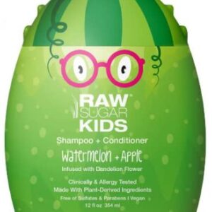 R S Raw Sugar Kids 2-in-1 Watermelon + Apple Shampoo and Conditioner 12 Oz. Plant Derived and Cold Pressed. Vegan and Cruelty Free.