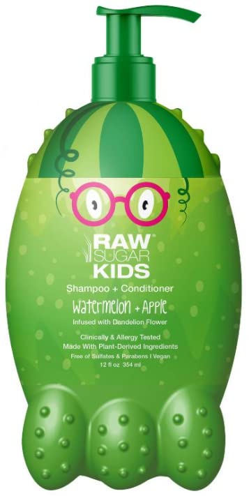 R S Raw Sugar Kids 2-in-1 Watermelon + Apple Shampoo and Conditioner 12 Oz. Plant Derived and Cold Pressed. Vegan and Cruelty Free.