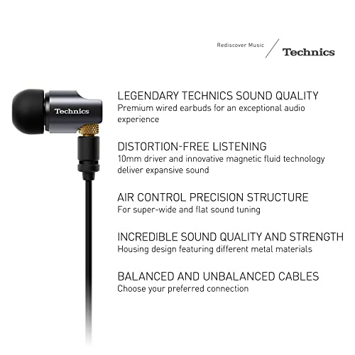 Technics Premium in- Ear Monitors IEM, High-Fidelity Wired in-Ear Earbuds Earphones with Innovative 10mm Driver for Ultra-Low Distortion - EAH-TZ700, Black/Gold