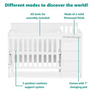 Dream On Me Jayden 4-in-1 Full Panel Mini Convertible Crib and Changer in White, Non-Toxic Finish, Made of Solid Pinewood, 3-Position Mattress Support System, Comes with 1'' Changing Pad