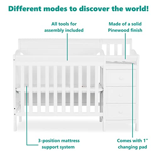 Dream On Me Jayden 4-in-1 Full Panel Mini Convertible Crib and Changer in White, Non-Toxic Finish, Made of Solid Pinewood, 3-Position Mattress Support System, Comes with 1'' Changing Pad