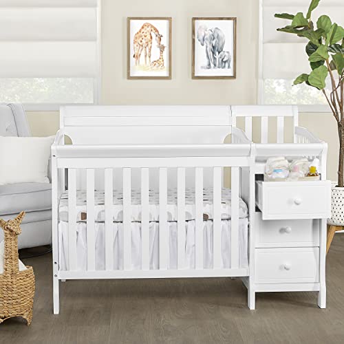 Dream On Me Jayden 4-in-1 Full Panel Mini Convertible Crib and Changer in White, Non-Toxic Finish, Made of Solid Pinewood, 3-Position Mattress Support System, Comes with 1'' Changing Pad