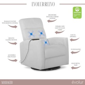 Evolur Reevo Upholstered Faux Leather Seating Glider Swivel in Misty Grey, Greenguard Gold Certified Rocker, Massager, Tool-Free Assembly, Easy to Clean