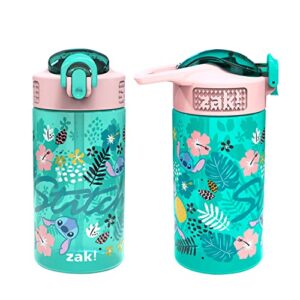 zak designs kids durable plastic spout cover and built-in carrying loop, leak-proof water design for travel, (16oz, 2pc set), lilo and stitch 2pk