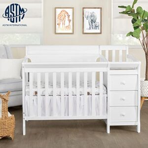 Dream On Me Jayden 4-in-1 Full Panel Mini Convertible Crib and Changer in White, Non-Toxic Finish, Made of Solid Pinewood, 3-Position Mattress Support System, Comes with 1'' Changing Pad