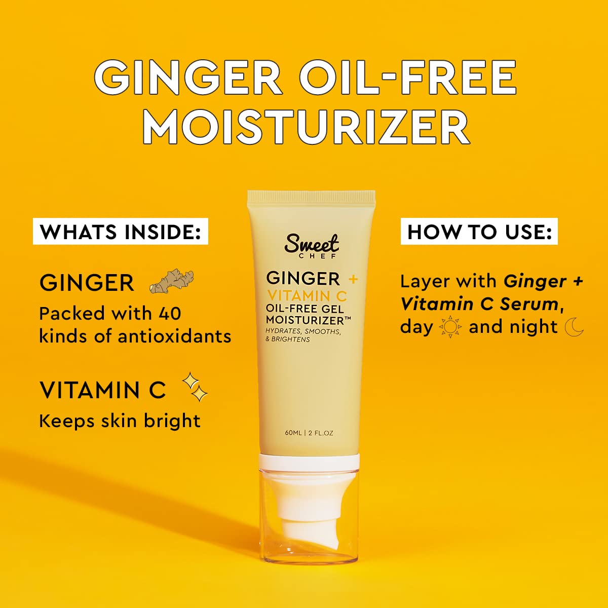 Sweet Chef Ginger + Vitamin C Oil-Free Gel Moisturizer - Antioxidant-Rich Soothing Daily Moisturizer with Hyaluronic Acid, Turmeric + Niacinamide - Help Hydrate + Even Skin Tone (60 ml / 2 fl oz)