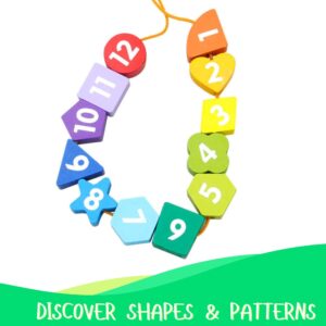 LMC Products Wooden Clock with Lacing String & Shapes - Educational Learning Toys for 3 Year Olds & Up - Wooden Counting & Shape Sorting Toys for Toddlers