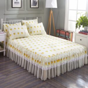 tulle lace trimmed elastic pleated 3pcs bed skirt korean style princess bedspread bed sheet and 2 pillowcases sets wrinkle fade resistant bedskirt (color : yellow, size : 180cmx200cm)