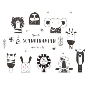 maydahui safari jungle animal wall decals scandinavian style woodland black white animal wall sticker(55x30 inch) peel stick removable art decal decor for baby kids bedroom nursery changing table