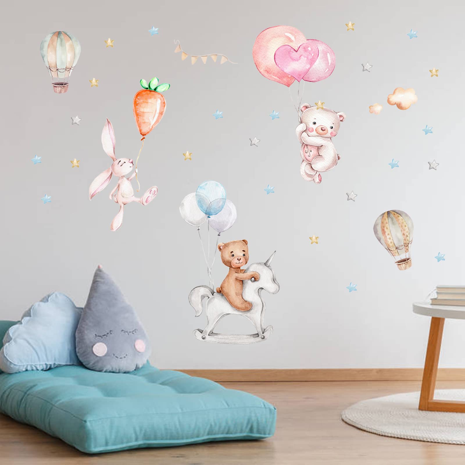 Maydahui Cartoon Animal Bear Rabbit hot air Balloon self-Adhesive Wall Decoration Stickers in Living Room, Bedroom, Children's Room