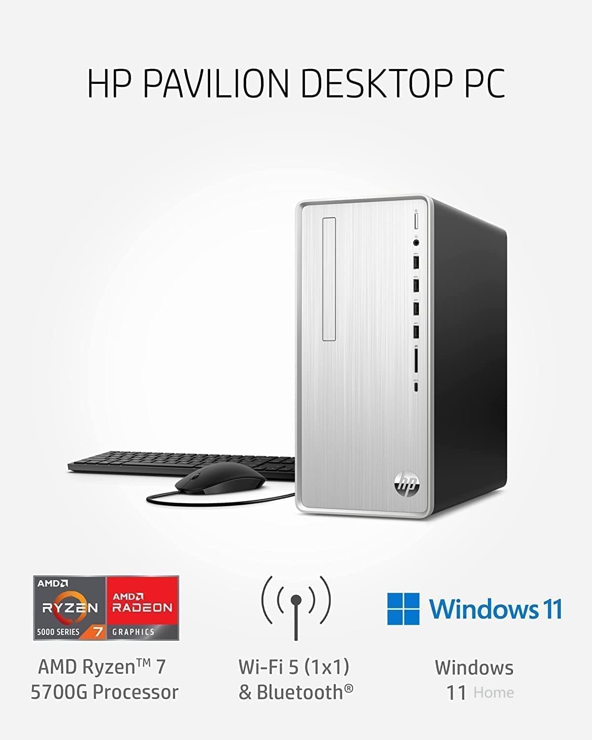 HP 2022 Newest Pavilion Desktop, AMD Ryzen 7 5700G, 16GB RAM, 1TB PCIe SSD, Windows 11, Wi-Fi 5, Bluetooth, 9 USB Ports, Wired Mouse, Keyboard Combo, Pre-Built Tower Bundle with JAWFOAL