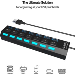 MIUOLV 7-Port USB 2.0 Hub with LED Light Power Switches, USB Splitter for Laptop, PS4 Keyboard and Mouse Adapter for Dell, Asus, HP, MacBook Air, Surface Pro, Acer, Xbox (Black)