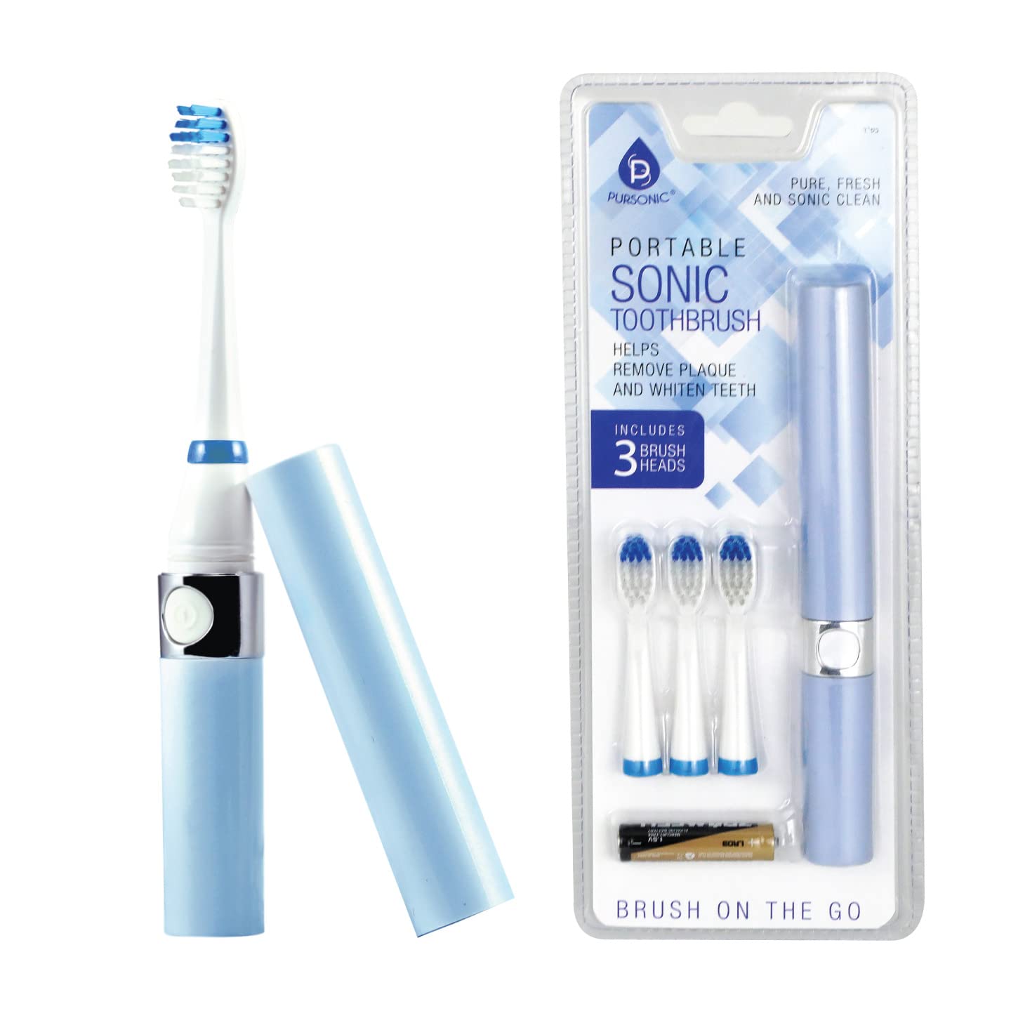 Pursonic Portable Sonic Toothbrush Battery Operated, Battery Included, 3 Brush Heads Included, 22,000 Strokes Per Minute, Brush On The Go (Blue)