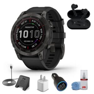 garmin fenix 7 sapphire solar edition smart watch carbon gray dlc titanium w black band (47mm) + wireless headphones + watch charging stand + usb car/wall adapter + 6th ave cleaning kit (010-02540-20)