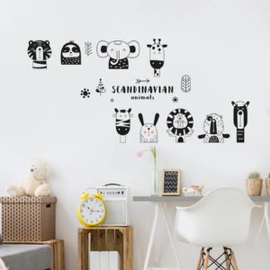 Maydahui Safari Jungle Animal Wall Decals Scandinavian Style Woodland Black White Animal Wall Sticker(55x30 Inch) Peel Stick Removable Art Decal Decor for Baby Kids Bedroom Nursery Changing Table