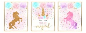 shophaven unicorn princess wall art prints set of 3, magical girl pink and gold decor -11x14 - unframed - decor for nursery, kids room, girl room decoration