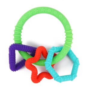 teething ring toys for babies 6+ months, btrfe baby soft silicone teether with multiple raised textures, teething relief, soothing gums, colorful ring geometry