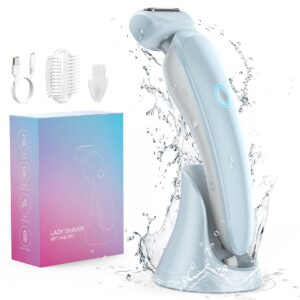 electric razors for women, renfox electric shaver for women with led light, body hair removal for legs underarms pubic hair rechargeable painless 3-blades wet dry use bikini razor with base - blue