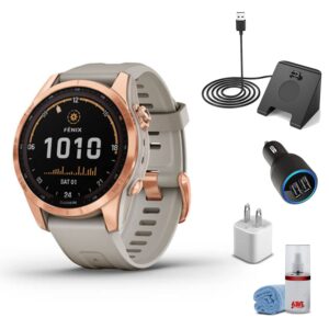 garmin fenix 7s solar edition smart watch rose gold with light sand band (42mm) + watch charging stand + usb car/wall adapter + 6th ave cleaning kit (010-02539-10)