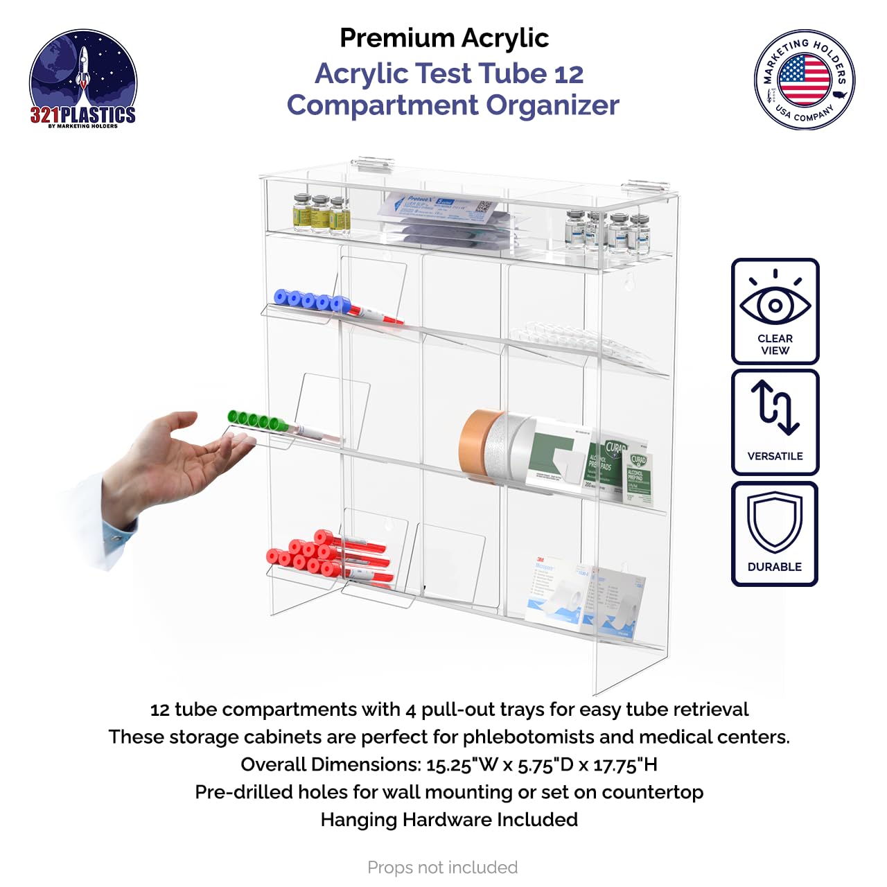 Tube Rack Clear Acrylic 12 Compartment 15.25" x 17.75" Wall Mount with Hanging Hardware or Countertop Clinics Hospitals Food Industry and Pharmaceutical Easy Access Lightweight by Marketing Holders