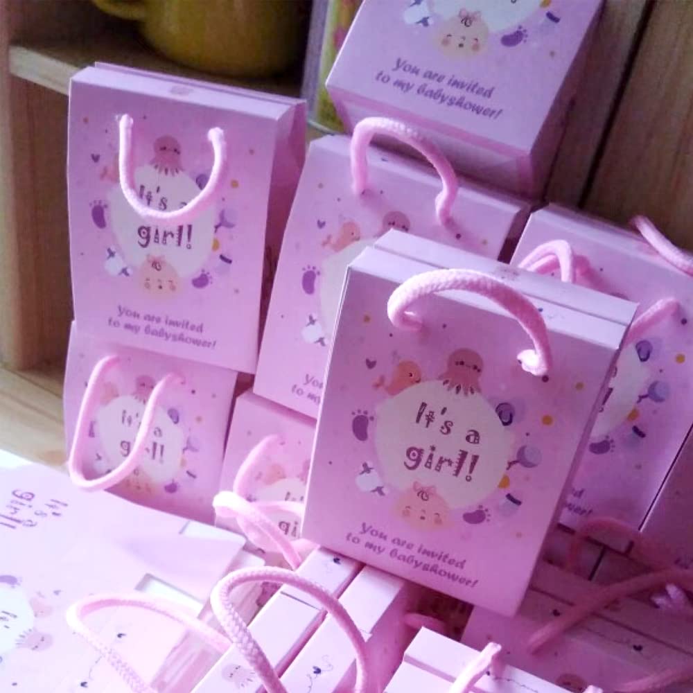 YMULAS 50 PCS Baby Shower Favor Boxes for Guests Girls It’s a Girl Baby Shower Party Supplies Pink Chocolate Packaging Box Candy Box Gift Box Bag for Baby Shower (Pink-M)