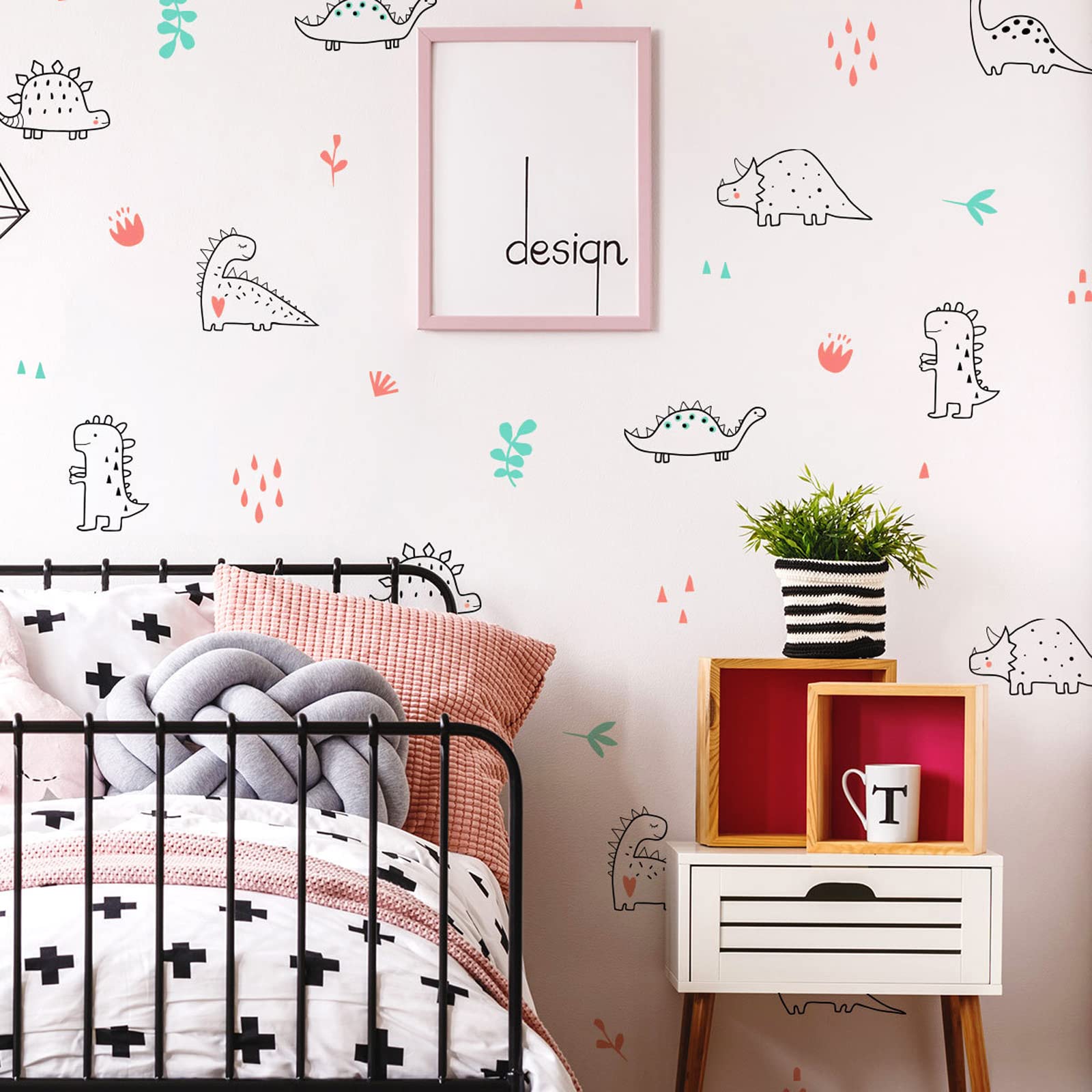 Maydahui Cute Black Dinosaur Wall Sticker Minimalist Dino Animal Plant Wall Decals(50x50 Inch) Peel & Stick Removable Decals for Girls Boys Bedroom Playroom Nursery Décor